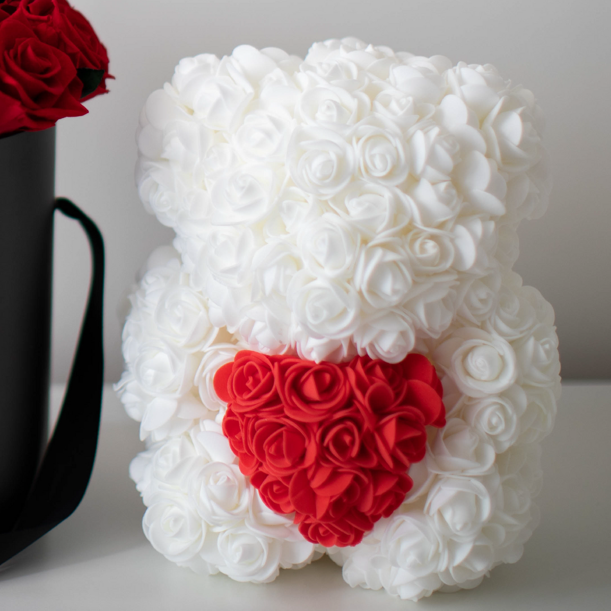 Medium White Rose Teddy Bear & Red Heart – Flowers First